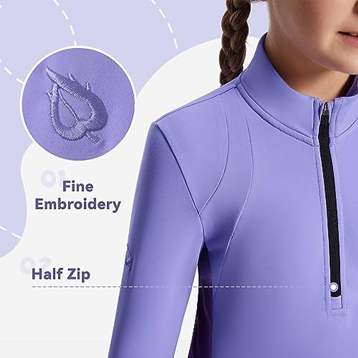 BALEAF Fleece Long Sleeve Shirts, Girls Fall Jacket Half Zip Sweatshirts Horse Riding Camping Thermal Coat Kids Purple M