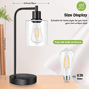 Set of 2 Wireless Charging Industrial Table Lamp 3-Way Touch Control Dimmable Desk Lamp with USB Port Bedside Lamp with Hanging Seeded Glass Shade for Office Bedroom Living Room, Bulb Included
