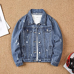 Verdusa Boy's Ripped Long Sleeve Button Front Denim Jacket Coat Outerwear Medium Wash 130