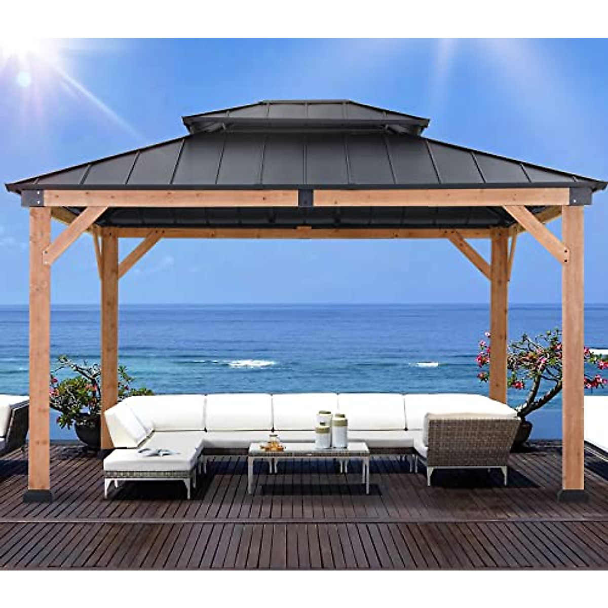 ABCCANOPY Wood Gazebo 11x13 - Outdoor Patio Wooden Gazebo with Hardtop Metal Double Roof for Garden, Backyard and Deck