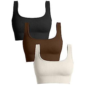 OQQ Women's 3 Piece Medium Support Tank Top Ribbed Seamless Removable Cups Workout Exercise Sport Bra Black Coffee Beige
