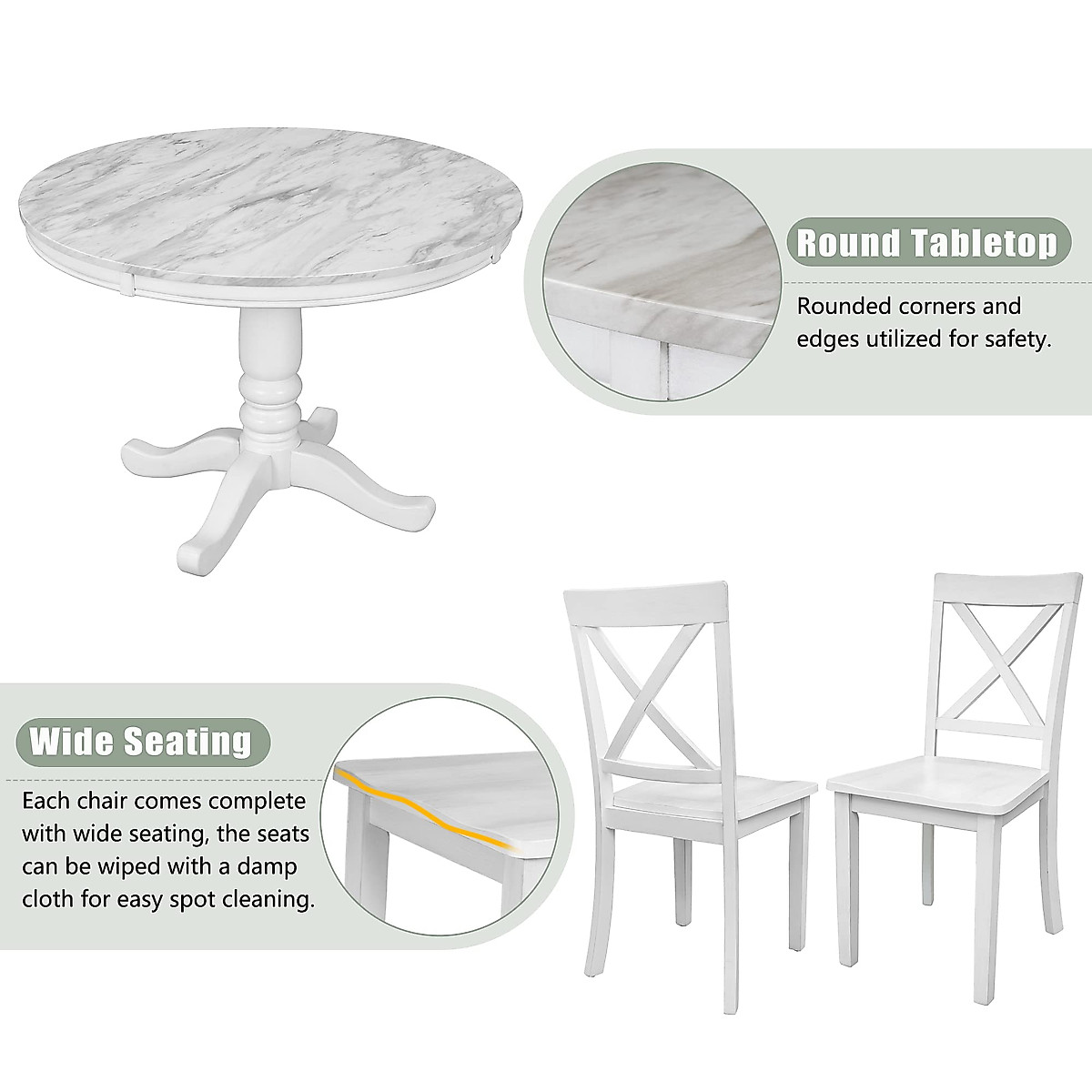 GINGVAT 5 Piece Round Dining Table Set for 4,with Marble Veneer and X Back 4 Solid Wood Chairs,42-Inch, White