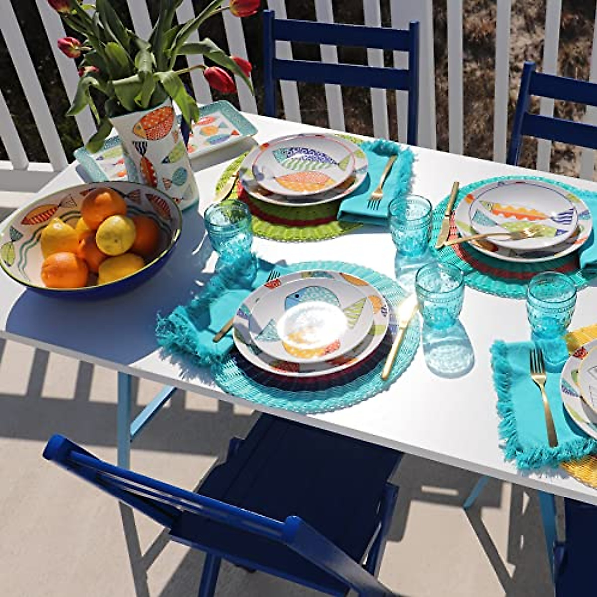 Euro Ceramica FreshCatch Collection 13-Inch Large Serving Bowl - Indoor/Outdoor Use - Colorful Cute Fish Pattern on White (FRC-86-3913)