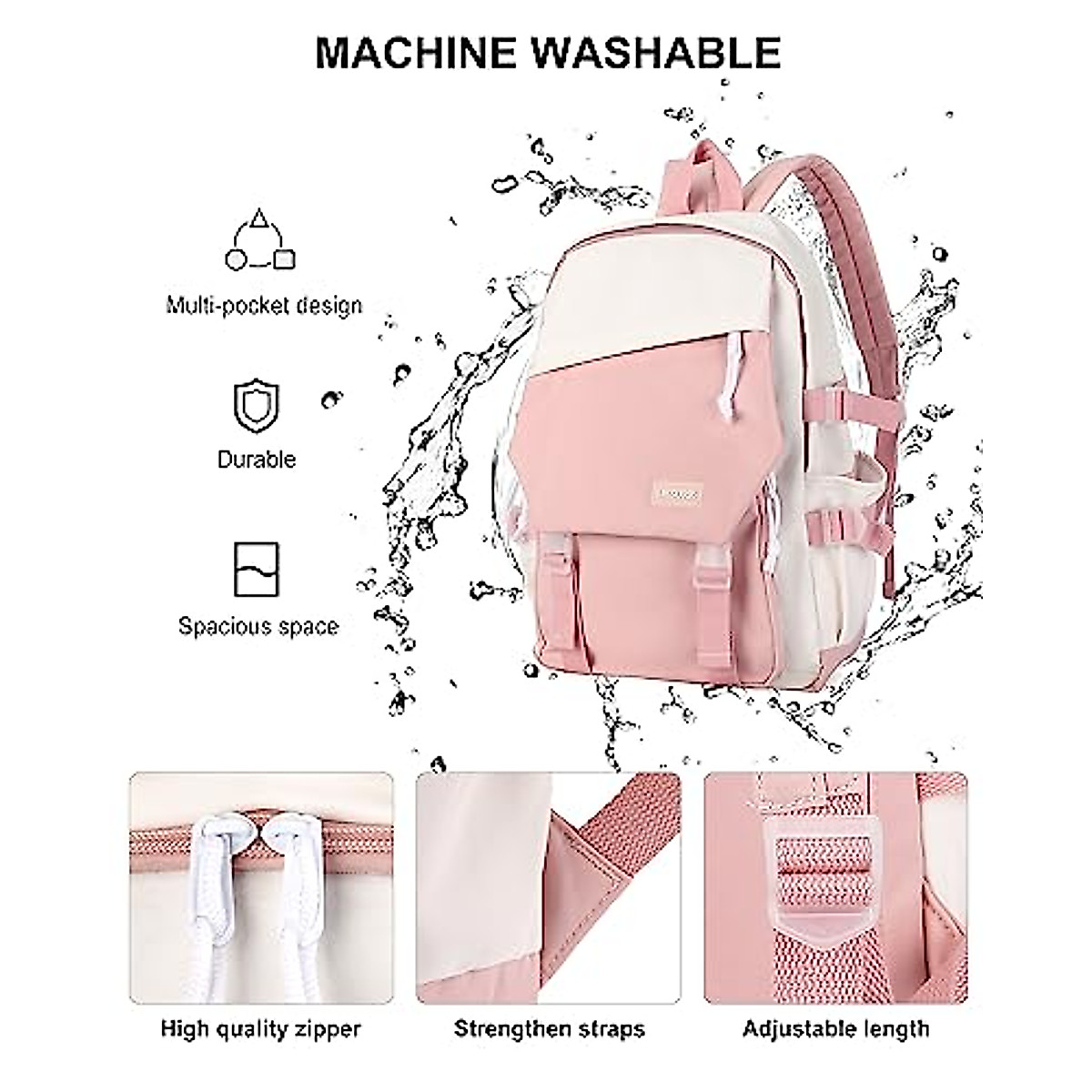 coowoz School Bag Lightweight Casual Daypack College Laptop Backpack for Men Women Water Resistant Travel Rucksack for Sports High School Middle Bookbag for girls(Pink white)