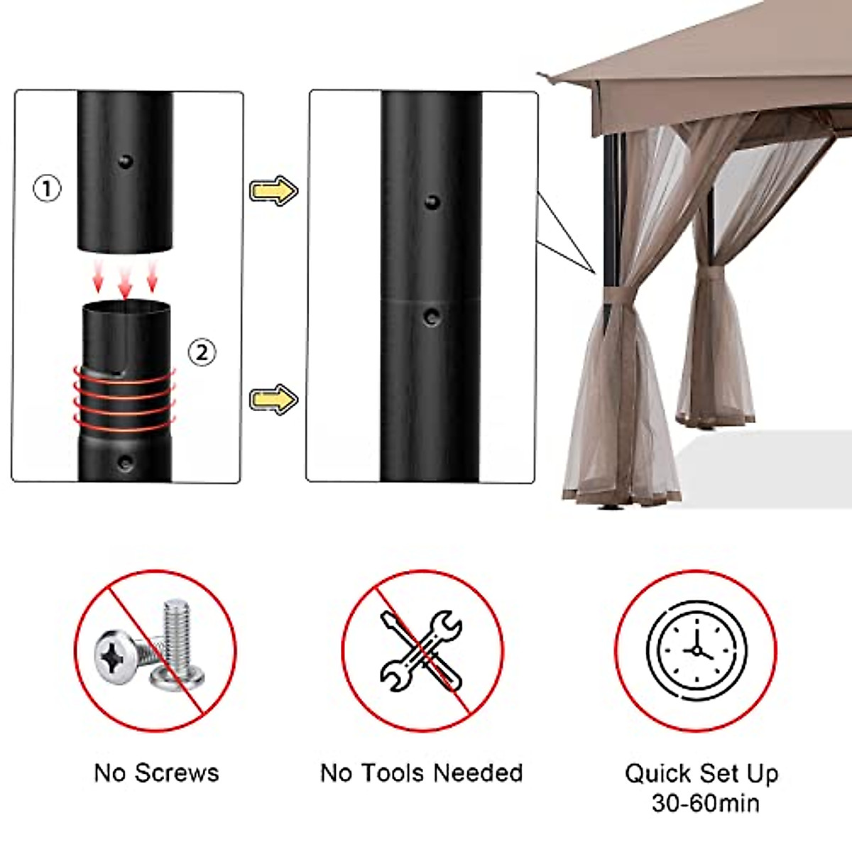 MASTERCANOPY Tool Free Patio Gazebo Screw Free Easy Installation Outdoor Garden Gazebo with Netting Walls (11x11,Khaki)