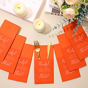 Tenceur 50 Pcs Thanksgiving Fall Guest Napkins Disposable Burnt Orange Paper Napkins Thankful Grateful Blessed Napkins with Flatware Pocket Prefolded Dinner Napkins for Silverware Fall Party