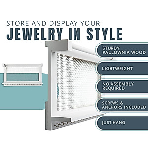 Comfify Rustic Jewelry Organizer - Wall Mounted Jewelry Holder w/Removable Bracelet Rod, Shelf & 16 Hooks - Perfect Earrings, Necklaces & Bracelets Holder - Pure White