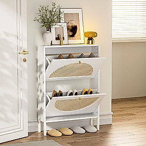 IKIFLY White Rattan Shoe Cabinet with 2 Flip Drawers, Narrow Free Standing Shoe Racks with Metal Legs, Shoe Storage Cabinet for Entryway, Living Room, Apartment