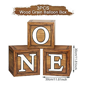 First Birthday Boxes Party Decorations 3 Wood Grain Brown blocks with ONE Letter, Printed Letters,First Birthday Centerpiece Decor, Teddy Bear Baby Shower Supplies, 1 Year Old Birthday Decorations