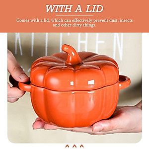 Zerodeko Ceramic Pumpkin Bowl with Lid, 420ml Halloween Bowl with Handle, Soup Bowl Candy Cookie Jar Stewing Bowl Salad Dish Pumpkin Decoration for Halloween Thanksgiving (Orange)