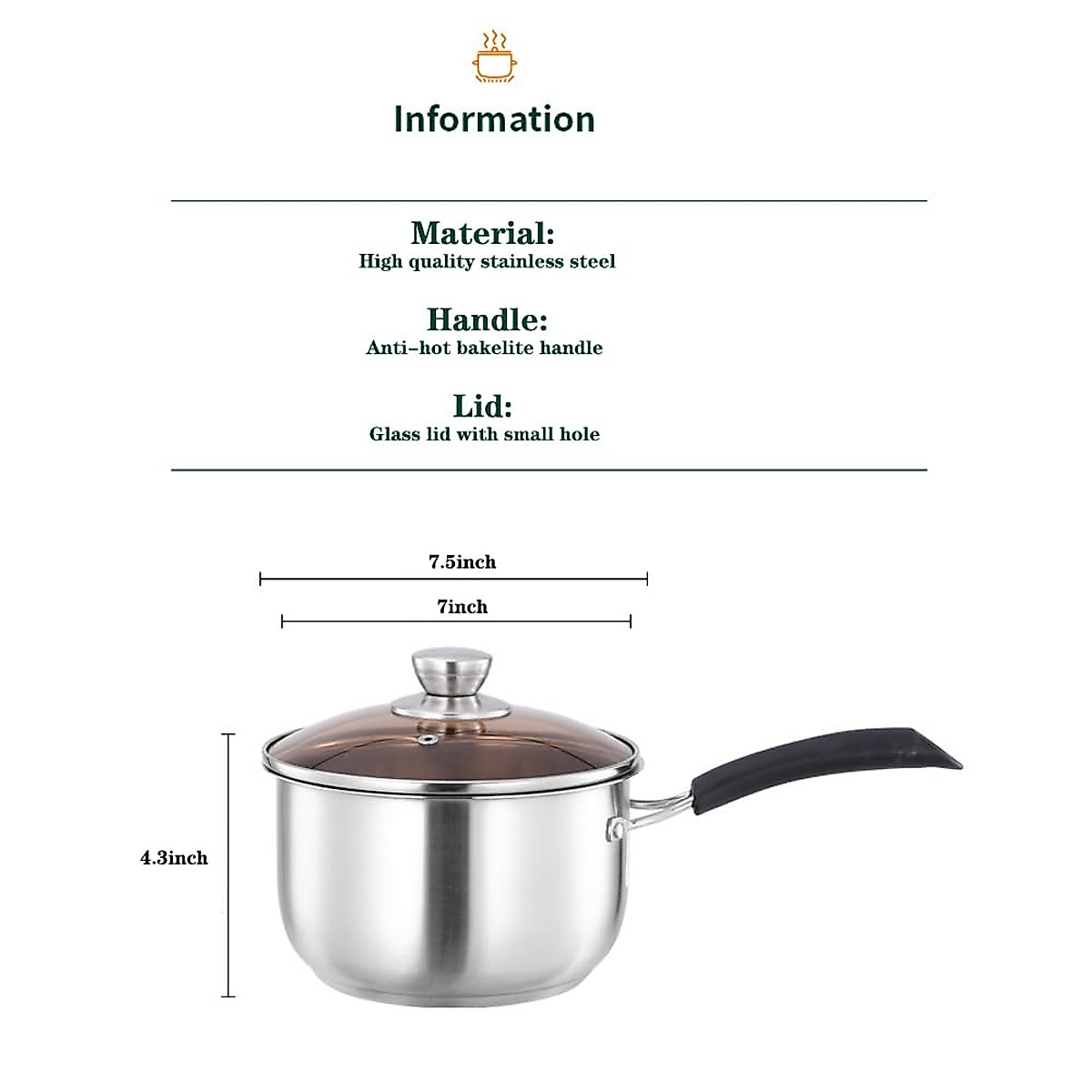 Stainless Steel Saucepan 2.5 Quart, UNOSCHRIM Milk Cooking Pot, Small Sauce Pot with Glass Lid and Bakelite Handle, Multipurpose Small Pots for Cooking Vegetables, Meat, Milk, All Stoves Compatible