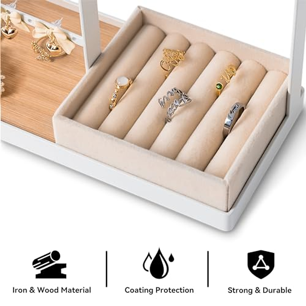 Jewelry Organizer Stand with Velvet Ring Holder, 4 Tier Jewelry Holder Organizer with 15 Hooks Necklace Organizer and Watch Bracket Holder, Jewelry Stand with 16 Holes for Earring Holder, White