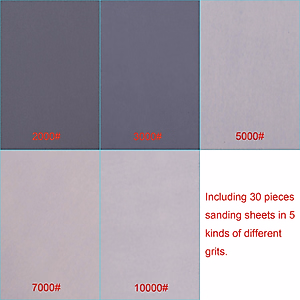 AUSTOR 30 Pieces Wet and Dry Sandpaper Fine Grit 2000 3000 5000 7000 10000 High Grit Sanding Paper Sheets Assortment 9 x 3.6 Inches Abrasive Paper for Automotive Sanding Wood Furniture Finishing
