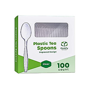 Comfy Package [100 Pack] Heavyweight Clear Plastic Tea Spoons with Engraved Design - Disposable Sturdy Plastic Utensils for Parties, Weddings, and Events