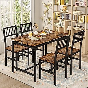 AWQM Dining Table and Chairs Set for 4, Industrial Kitchen Table and Chairs with Metal Frame, 5 Piece Dining Room Table Set for Breakfast, Dining, Kitchen - Rustic Brown