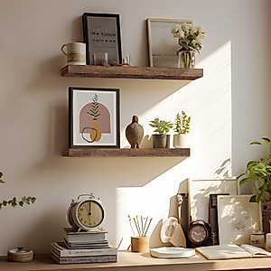 LaVie Home Floating Shelves, 15.6 Inch Wall Shelf Set of 3, Hanging Shelf with Invisible Brackets, Wall Decor for Bathroom, Bedroom, Living Room, Kitchen Storage, Rustic Brown