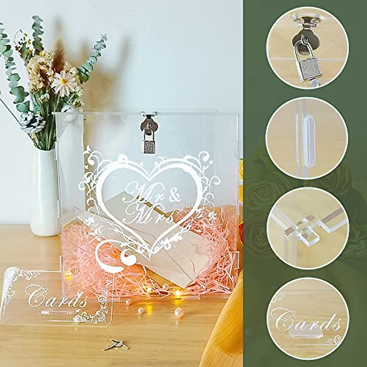 Jolik Acrylic Wedding Card Box with Lock Wedding Gift Card Box, Large Clear DIY Card Box Wedding Money Box for Wedding Birthday Baby Shower Anniversary