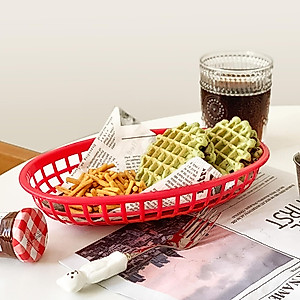 50 Pack Oval Fast Food Baskets, 8.7 x 5.5 Inch Red Plastic Food Baskets Restaurant Basket, Fast Food Storage Baskets for Burgers, Sandwiches, Fries at Party, Picnic, Home