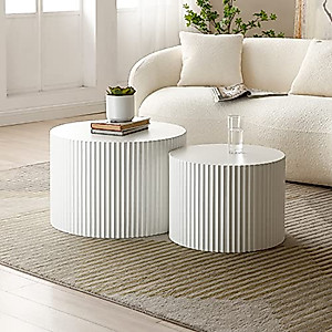 kevinplus White Round Nesting Coffee Table Set of 2 Modern Drum Side Table End Table for Living Room, Wood Circle Embossed Design Coffee Table Contemporary Living Room Table Set, Matte White