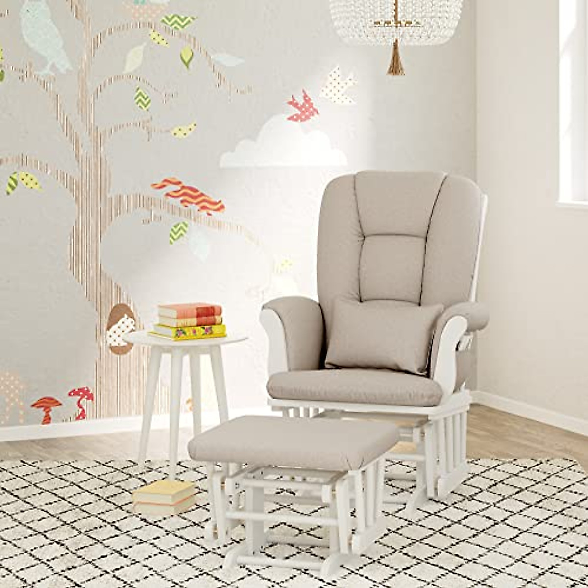Storkcraft Tuscany Custom Glider and Ottoman with Free Lumbar Pillow (White/Taupe Swirl) - Cleanable Upholstered Comfort Rocking Nursery Chair with Ottoman