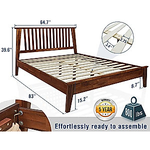 Acacia Kaylin Wooden Bed Frame with Headboard, Solid Wood Platform Bed with Wood Slat Support, No Box Spring Needed, Queen (U.S. Standard), Chocolate, 14 Inch, V1