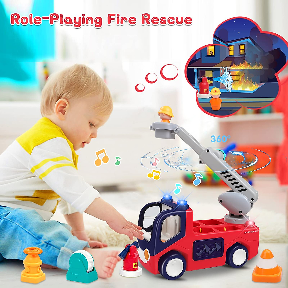 Fartoier Baby Toys 12-18 Months Fire Truck Musical Toys for 1 2 3 Year Old Boys Girls with Fireman/Ladder/Light, Early Educational Infant Toddler Toys 6 to 12 Months Birthday Ages 1-3