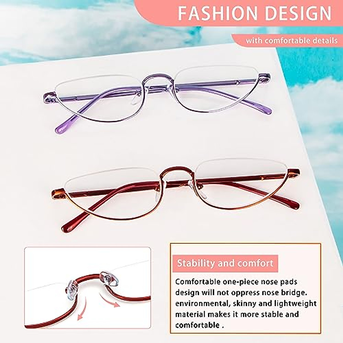 KoKoBin Half Reading Glasses for Men Women,Half Moon Metal Frame Lens Spring Hinge Readers, Purple+Red 3.00