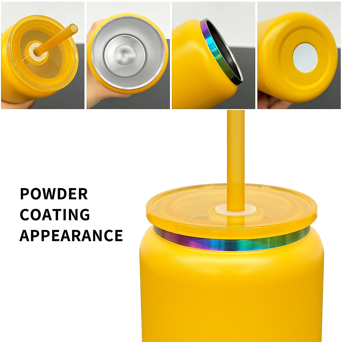 Glass Cups with Lids and Straws, 16 oz Stainless Steel Cups, Insulated Skinny Tumbler, Powder Coated Travel Mugs for Laser Engrave, Iced Coffee Cup for Smoothie Water DIY Gift (Orange,1 pack)