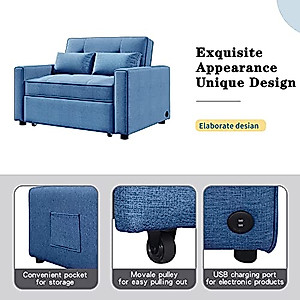 Merax 48 Inch Convertible Sleeper Bed, Multi-Functional Adjustable Sofa Couch Chair with Dual USB Ports and 2 Pillows, Blue_Linen