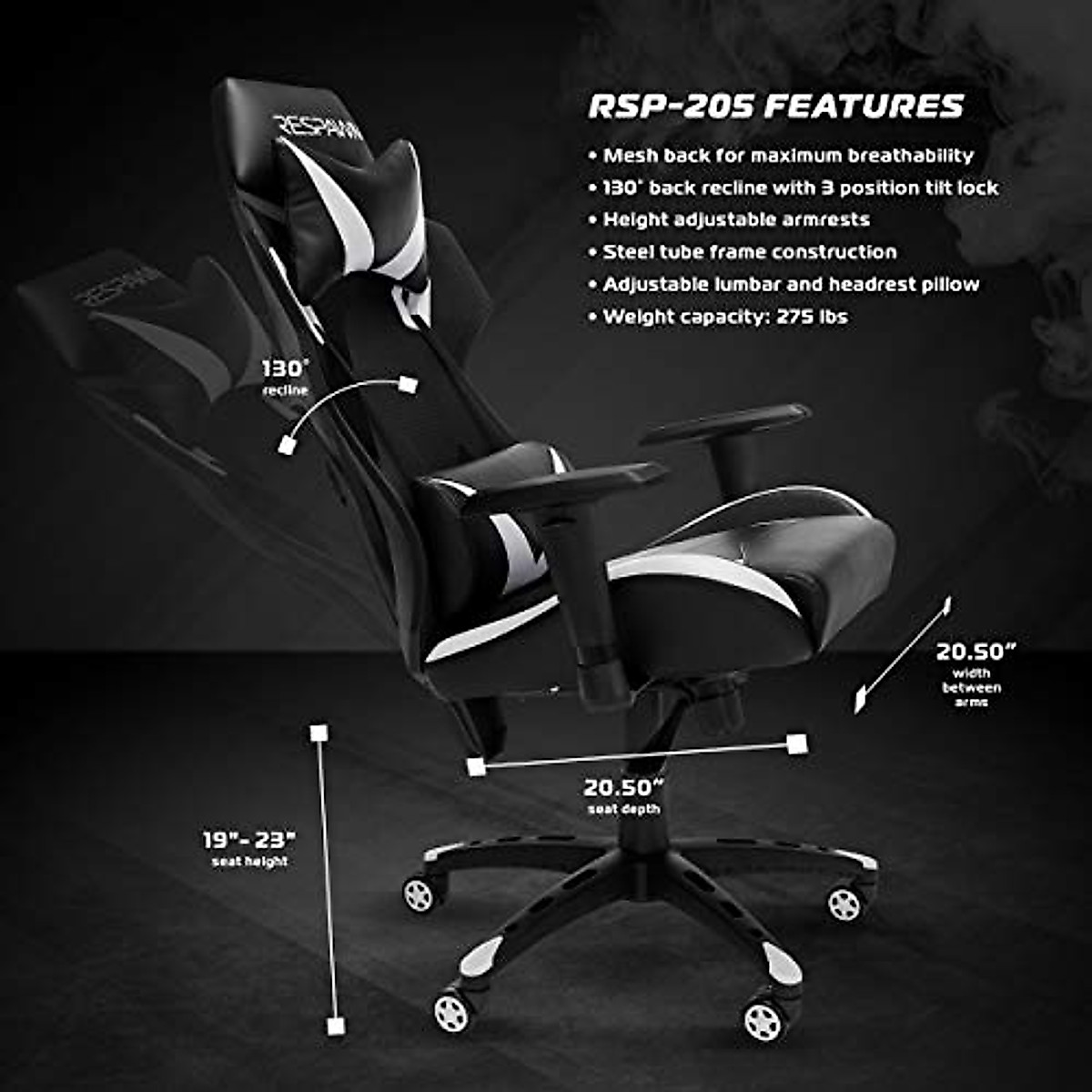 RESPAWN RSP-205 Racing Style Gaming Chair, Leather, White