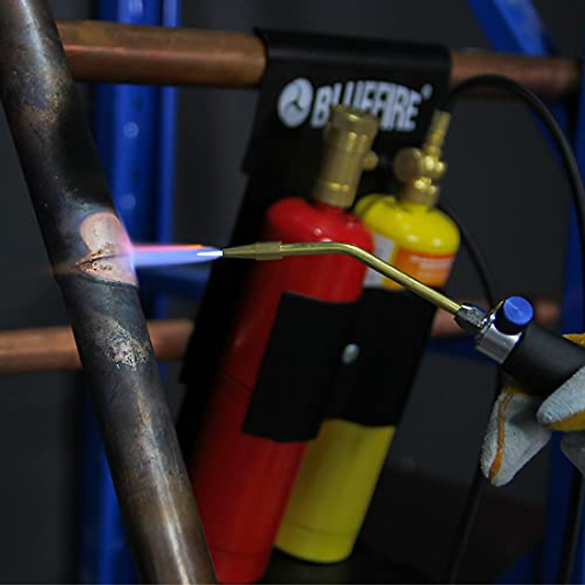 BLUEFIRE Oxypropane High Heat Welding Torch kit Free Accessory of Flint Lighter and Cylinder Holder Rack Duel Fuel by Oxygen and MAPP MAP PRO and Propane Brazing Soldering Gas Cylinders Not Included