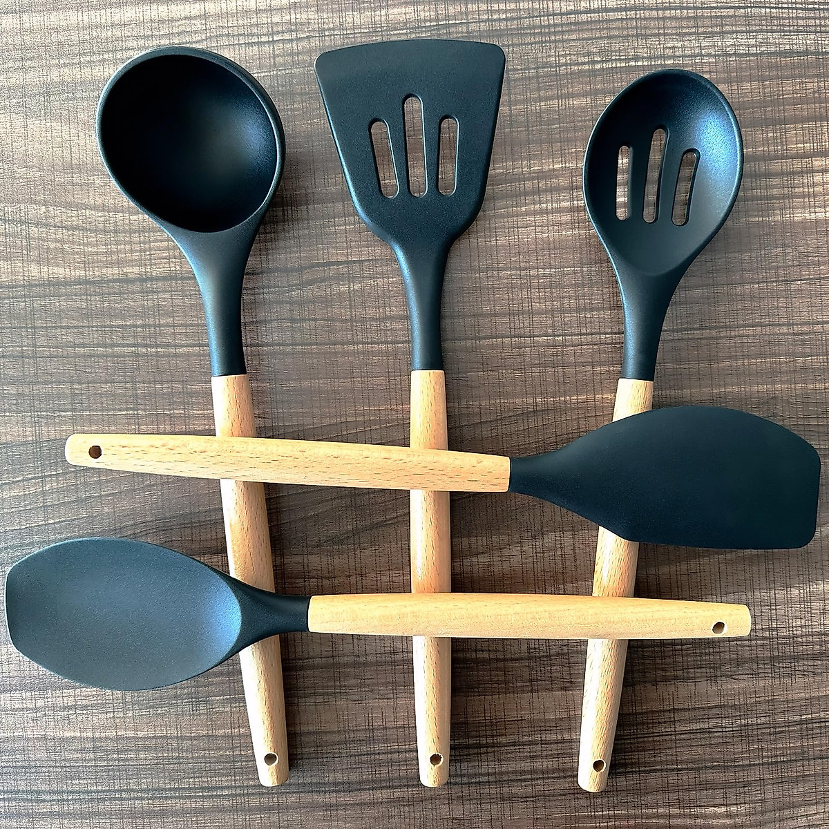 IOCBYHZ Silicone Cooking Utensils Set of 5, Heat Resistant Silicone Kitchen Utensils Set w Wooden Handle, BPA Free Silicone Spatula Spoon Turner Set Kitchen Gadgets Utensils Set for Nonstick Cookware