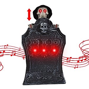 Halloween Decoration Tombstone with Scary Music, Animated Movable Skeleton Skull with Glowing Eyes & Voice Activation Halloween Decor for Yard Lawn Haunted House Indoor Outdoor Party Props