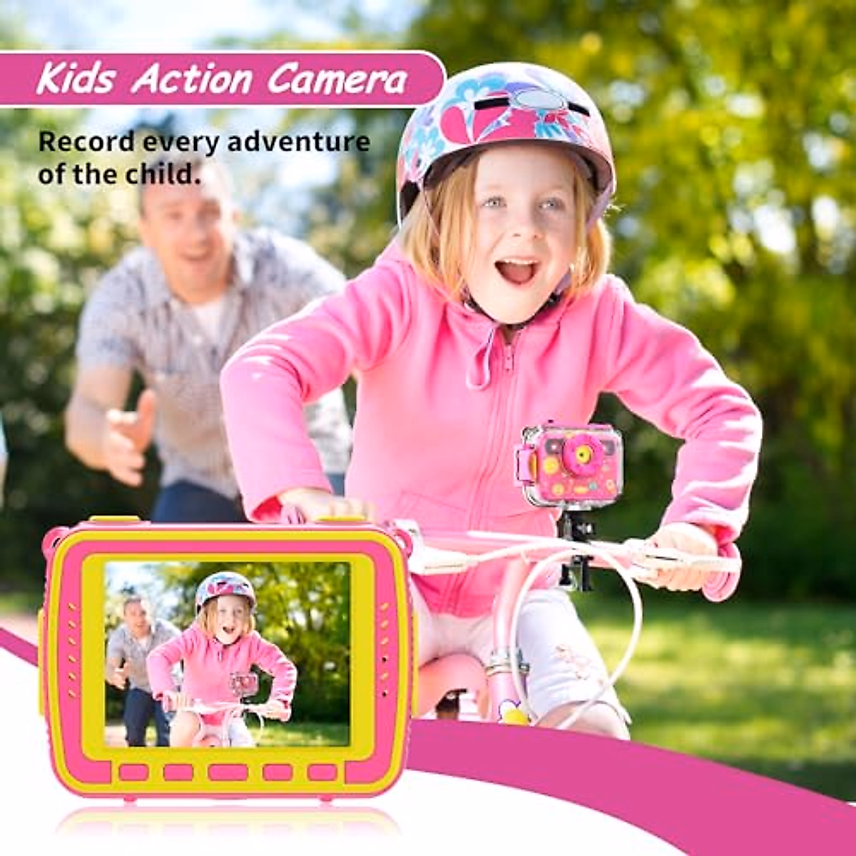 Ourlife Kids Underwater Camera, Selfie Waterproof Cameras Toys for Girls, 1080P 2.4'' Large Screen Cam with 8GB TF Card, Silicone Handle, Fill Light, Christmas Birthday Gift for Girls (Pink)