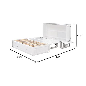MOEO Queen Size Mobile Murphy Bed with Storage Drawer, Wood Bedframe w/Little Shelves on Each Side, Can Convert to Cabinet for Guest Room Home Office, White