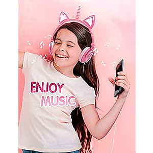 ONTA Unicorn Kids Headphones, Cat Ear LED Light Up Foldable Earphone Wired Over On Ear for Girls Boys,Kids Headband Toddler Tablet for School Supply/Travel/Holiday/Birthday/Cosplay Gifts(Peach)