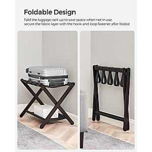 SONGMICS Luggage Rack, Wood Luggage Rack for Guest Room, Folding Suitcase Stand, for Hotel, Bedroom, Heavy-Duty, Holds up to 121 lb, Expresso and Black URLR006R01