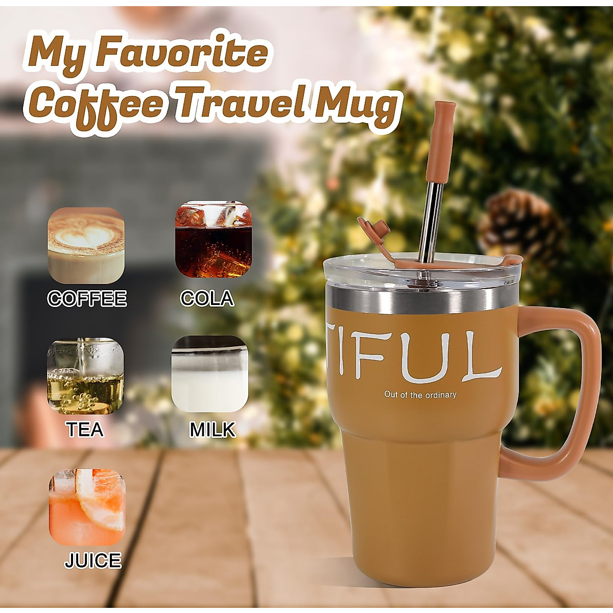 21 oz Insulated Coffee Mug Tumbler with Handle, Stainless Steel Travel Mug Tumbler with Lid and Straw, Coffee Travel Mug Spill Proof with Lid for Keep Hot/Ice Coffee, Brown