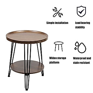 Round End Table, Small Side Table with Storage Shelf, 2-Tier Circular Rustic Vintage Table, Solid Telephone Table Nightstand for Living Room Bedroom Entryway, Black Metal Leg and Walnut Boards