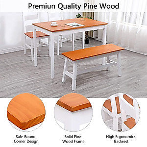 Alohappy Dining Table Set for 4, Solid Wood Kitchen Table with 2 Chairs and Bench, 4-Person Space-Saving Dinette Table for Kitchen, Dining Room, Sturdy Structure Easy Assembly Orange + White