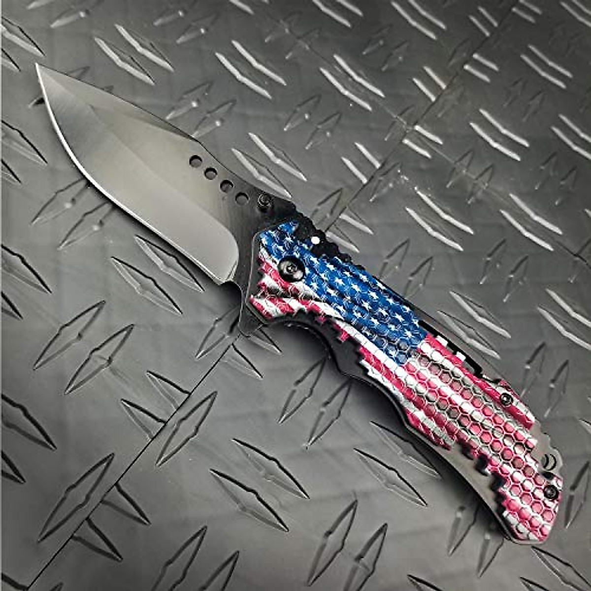 P.S. 8 1/4" Overall ABS Hex Pattern Drop Point EDC Pocket Knife w/Belt Clip