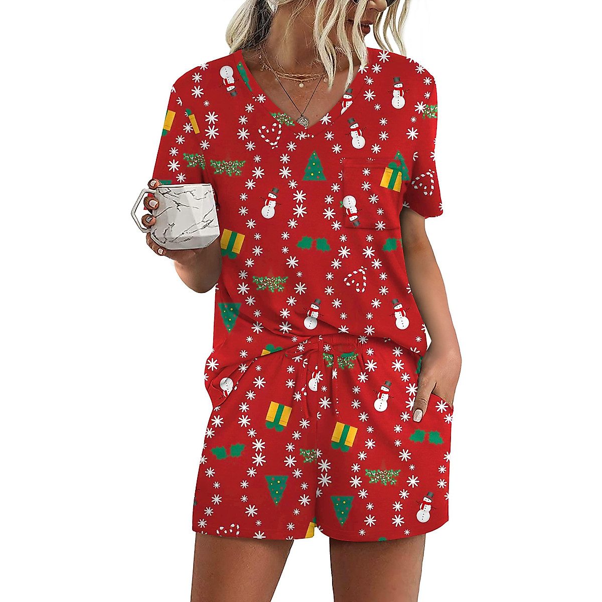 RUBZOOF Christmas Pajamas for Women Shorts Set Snowman Print Casual Soft V Neck 2 Piece Lounge Sets with Pockets S
