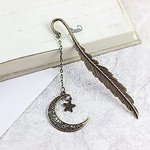 iayokocc Creative Metal Feather Bookmark, Classical Bookmarks with Pendant for Women, Kids, Teens Girls, Readers and Book Lovers.(Stars and Moon)