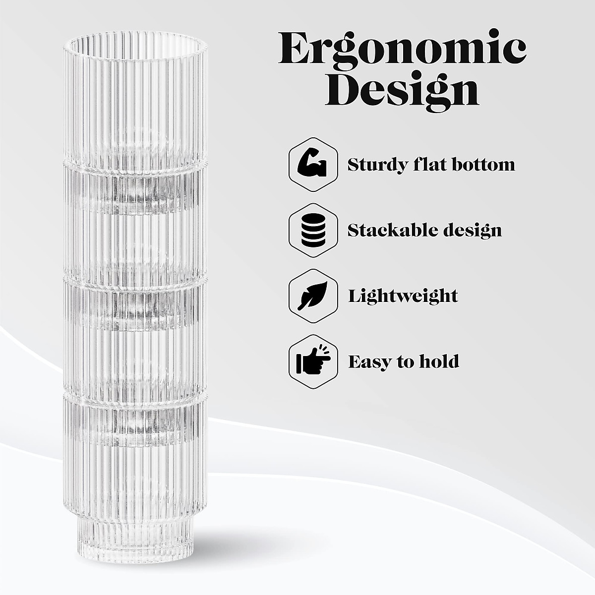 American Atelier Vintage Art Deco Fluted Drinking Glasses | Ribbed Glassware for Cocktail, Gin, Whiskey, & More | Modern Glassware | Lowball Fluted Cocktail Glasses | Set of 4 | 9 Oz (Clear)