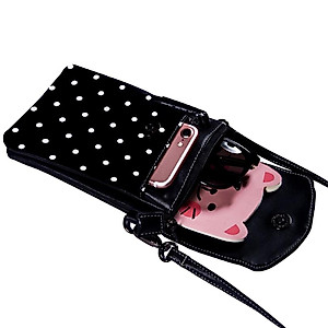 Little White Polka Dots On Black Small Crossbody Bag for Women Girls, Genuine Leather Cell Phone Purse Wallet Bag, Mini Shoulder Bag