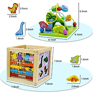 Fajiabao Baby Wooden Activity Cube - Toddler Activity Center Baby Toys 12-18 Months 1 2 3 Year Old Boy Girls Gifts with Bead Maze Sorter Abacus Montessori Dinosaur Toys Educational Learning for Kids