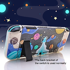 NANANINO Switch Clear Glitter Case, Switch TPU Case, Switch Protective Case with Animal Crossing Thumb Grips and Tempered Glass Screen Protector - Rocket Theme