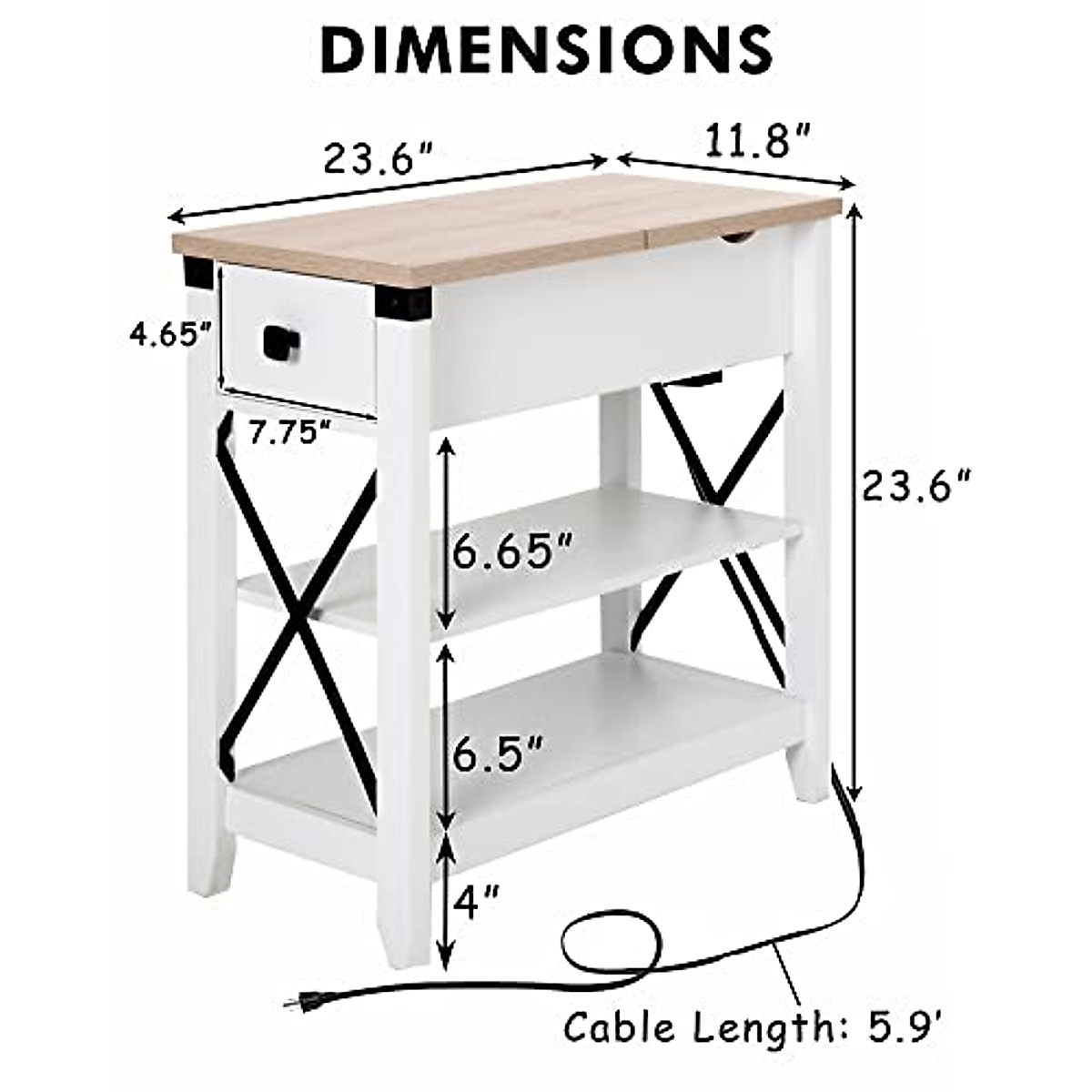 Awescuti Narrow End Table with Charging Station Farmhouse Slim Side Table with USB Ports and Power Outlets, Nightstand with Flip Top and Storage Drawer, for Small Spaces Living Room Bedroom, White