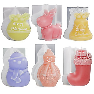 6Pcs Christmas Candle Molds,Christmas Snowman Silicone Molds Jingle Bell Bells Resin Molds Christmas Sock Resin Mold Santa Claus Elk Deer Silicone Mold for Xmas Candle Making Craft Supplies Home Decor
