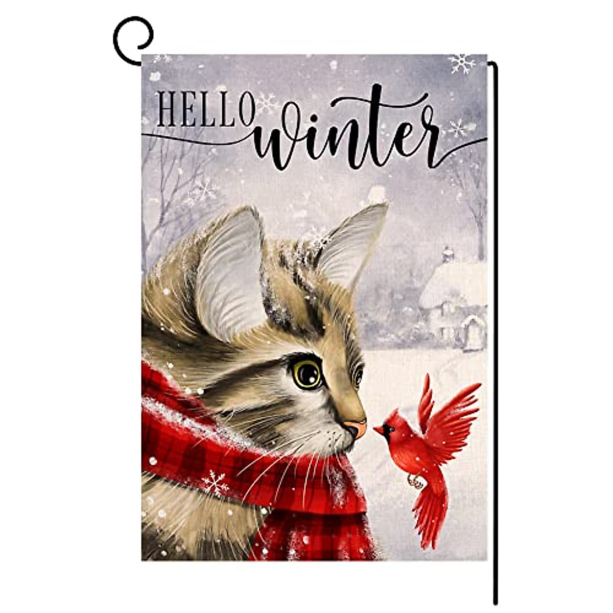 Winter Cat Garden Flag 12x18 Vertical Double Sided Cardinal Bird Snow Christmas Holiday Outside Decorations Burlap Yard Flag BW230